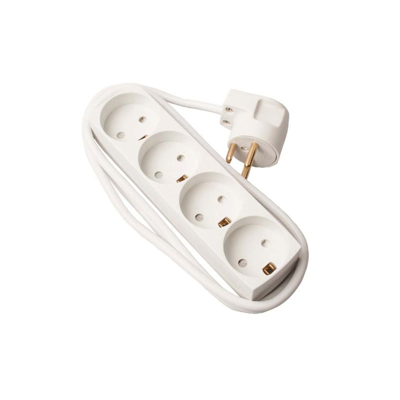 Stikdåse 4 udtag | M/Jord | 1,5m | Hvid | M/vinklet stik