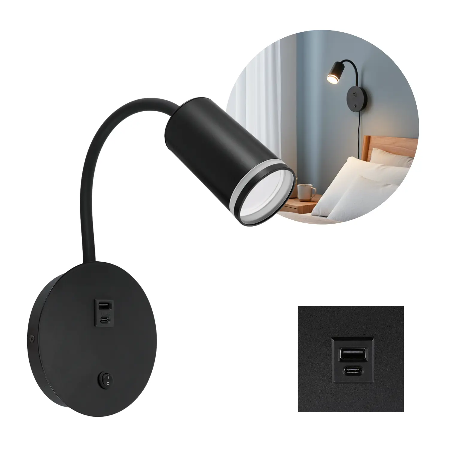Sort sengelampe med USB A+C | GU10 væglampe
